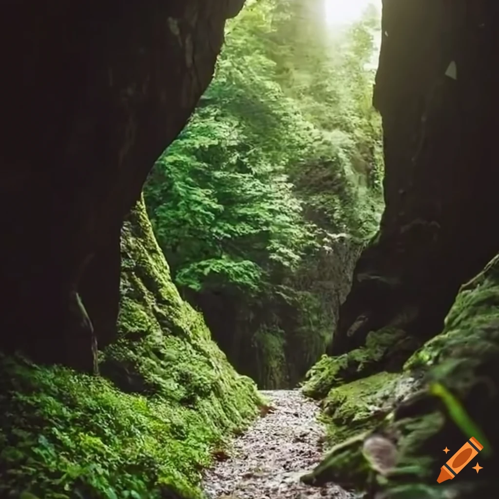 Scenic mountain hiking trail leading to a cave