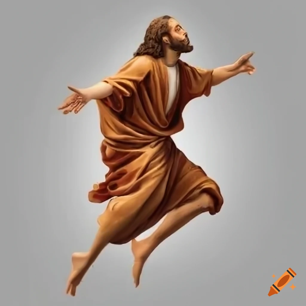 Image of jesus leaping with one hand raised on Craiyon