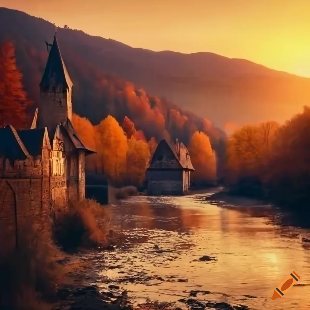 Medieval village by a river in fall at sunset on Craiyon