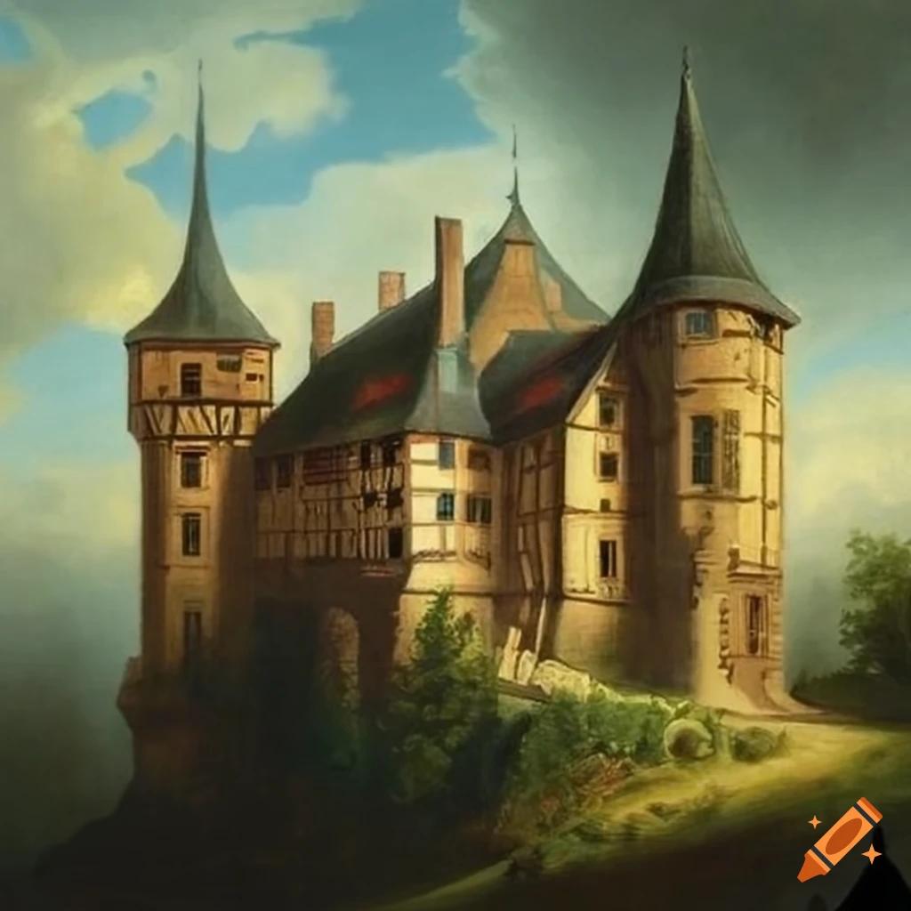 Thomas cole's half-timbered castle painting on Craiyon