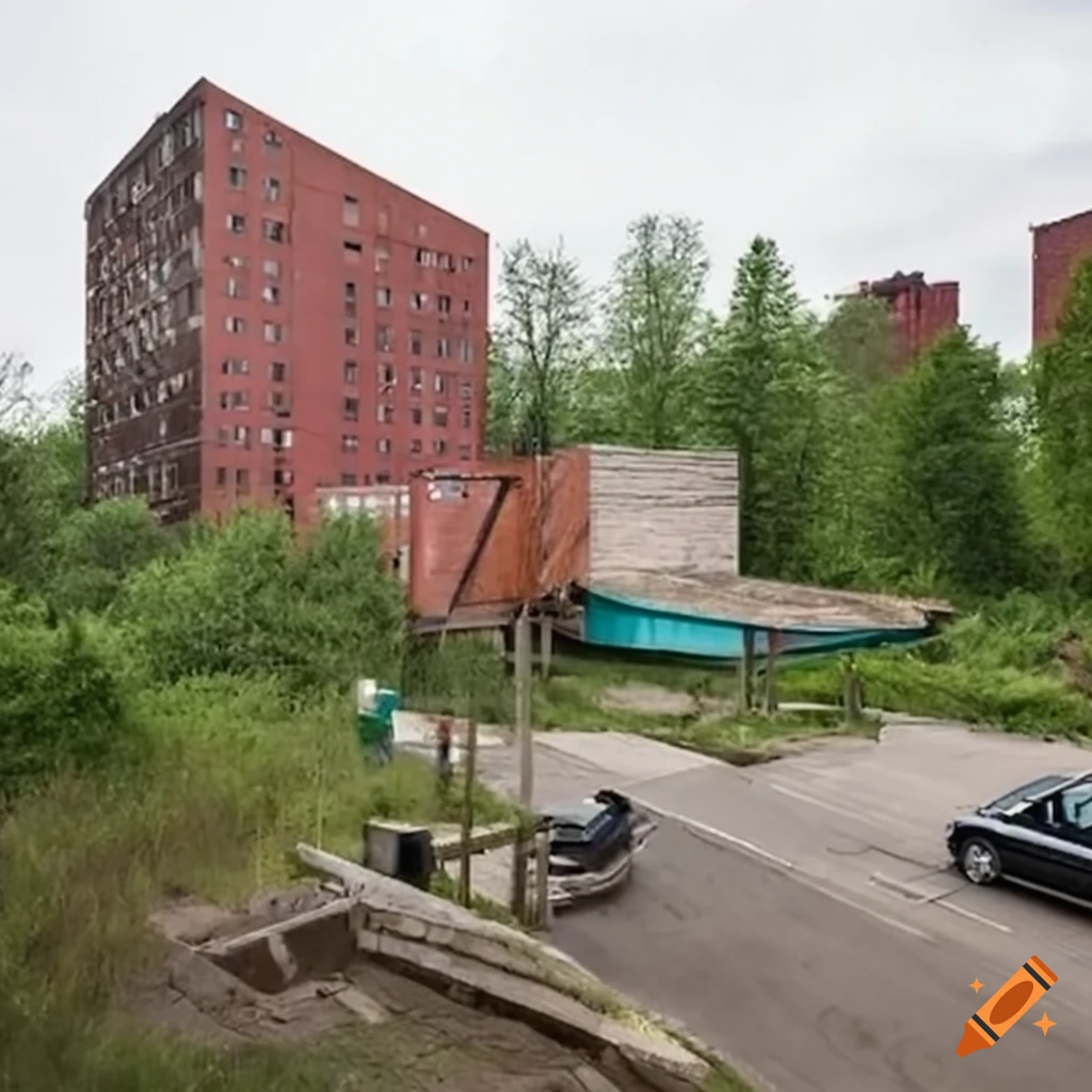 Soviet slum building being renovated among other buildings on Craiyon