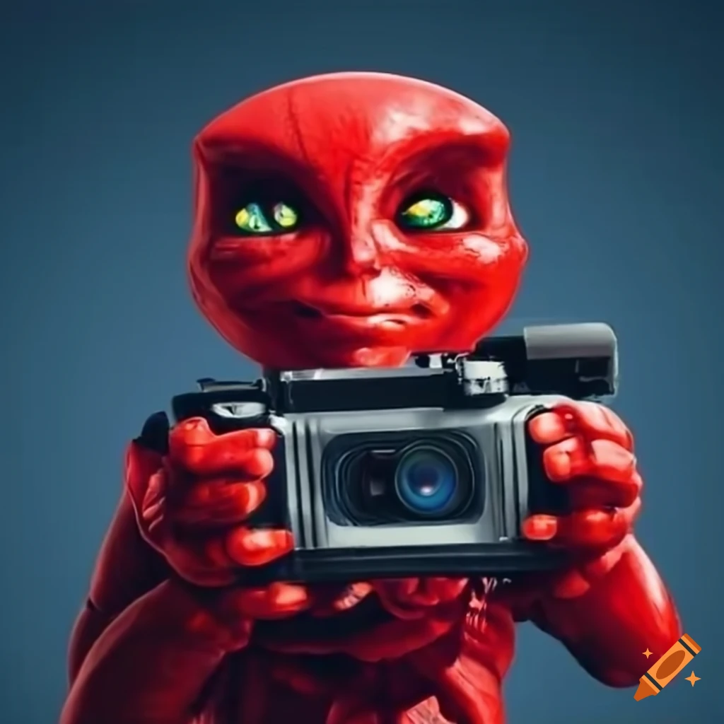 Smiling red alien with a camera