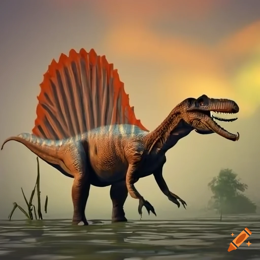 Image of an orange spinosaurus in a swamp on Craiyon