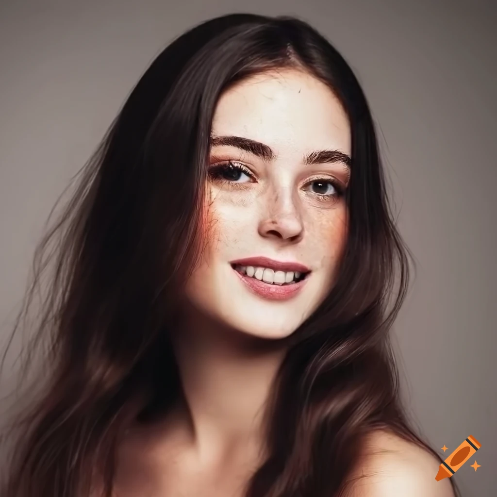 Portrait Of A Beautiful Young Woman With Freckles And Dark Brown Hair