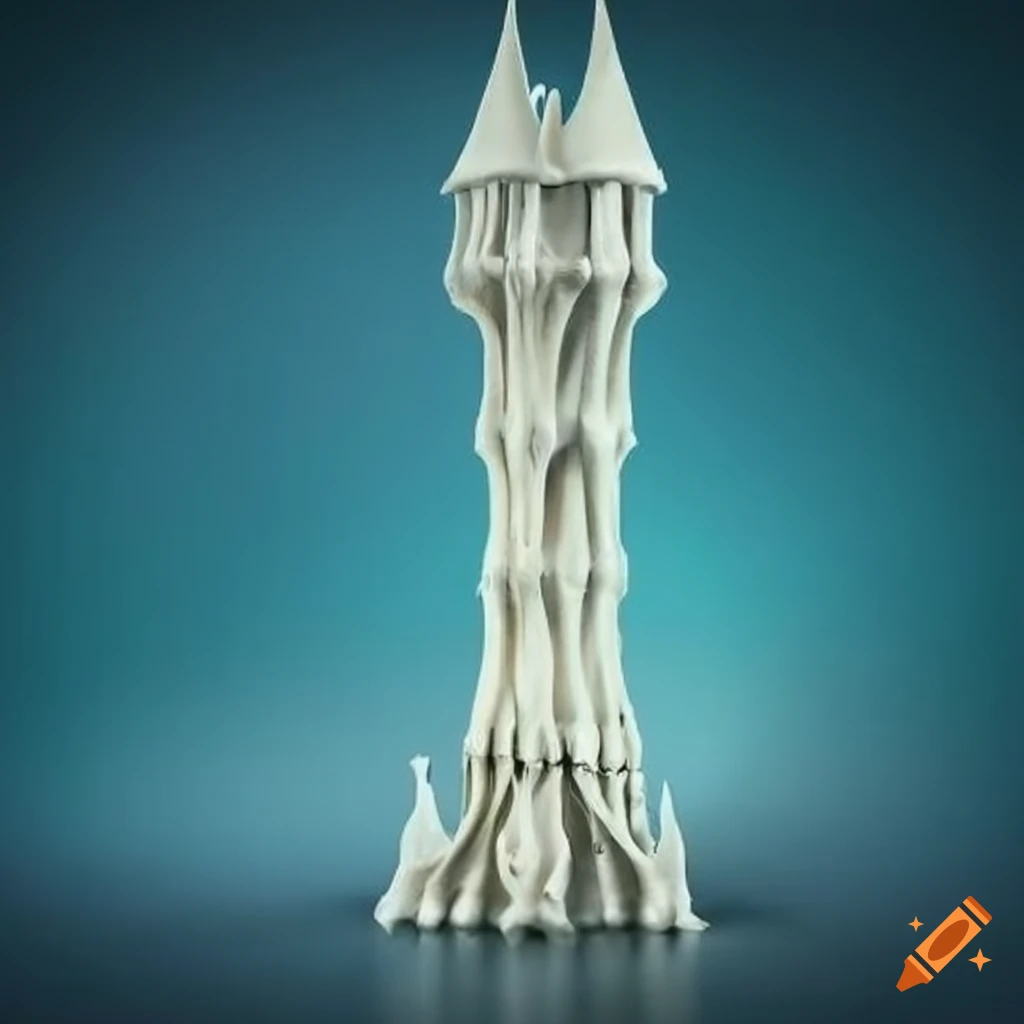 Artistic representation of a tall Elven tower made of bones on Craiyon