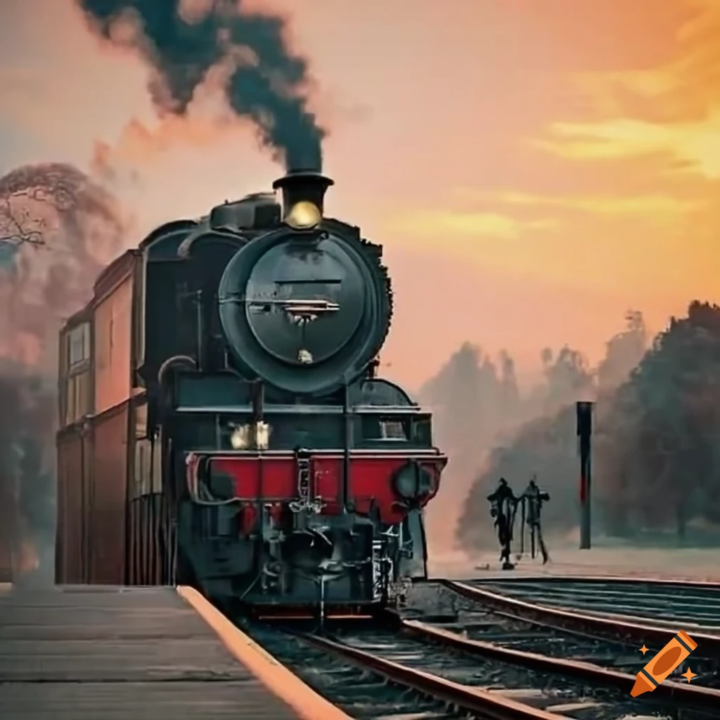 Colonial style train station with an approaching steam train on Craiyon