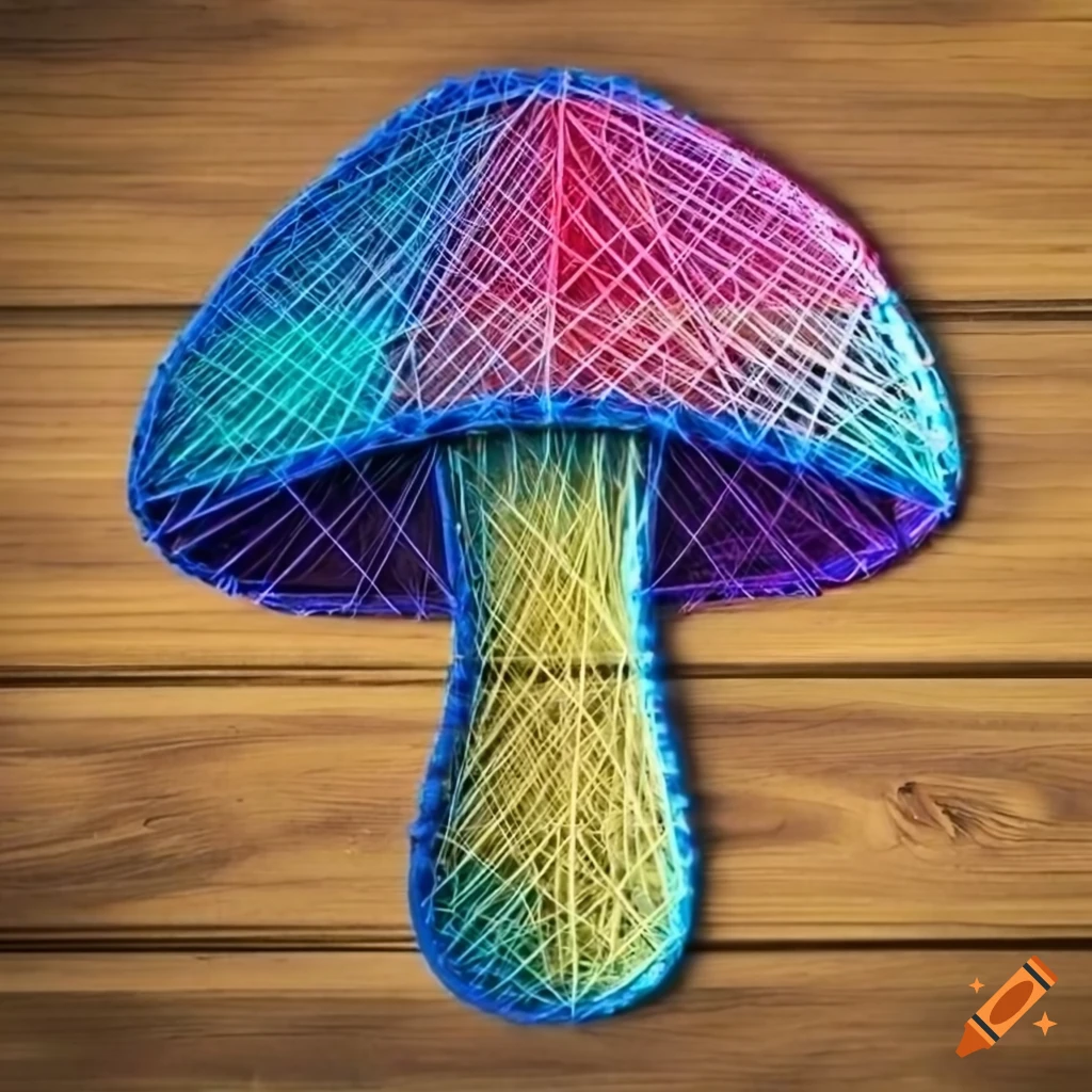 Colored string art mushroom on wooden wall on Craiyon