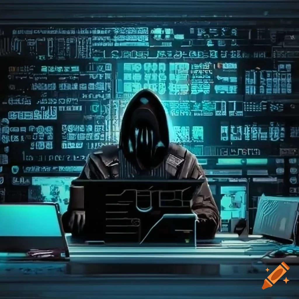 Mysterious hacker figure at a computer surrounded by sparks on Craiyon
