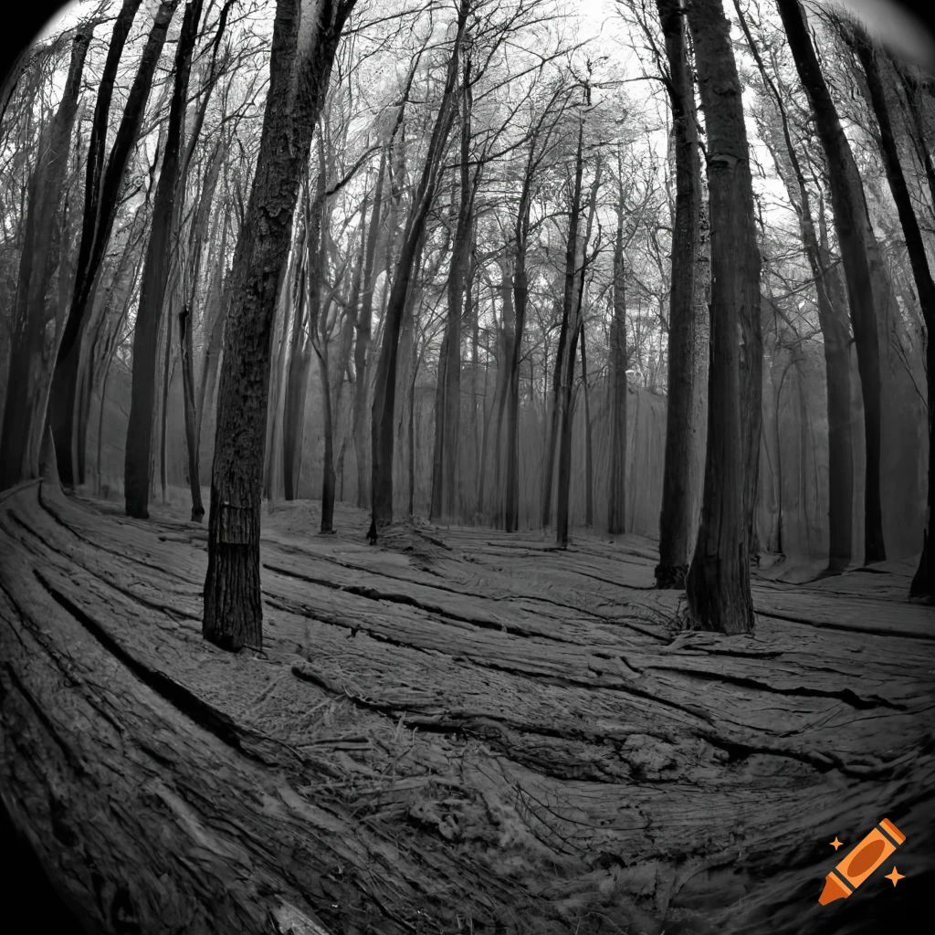 Moody greyscale forest landscape with fisheye lens on Craiyon