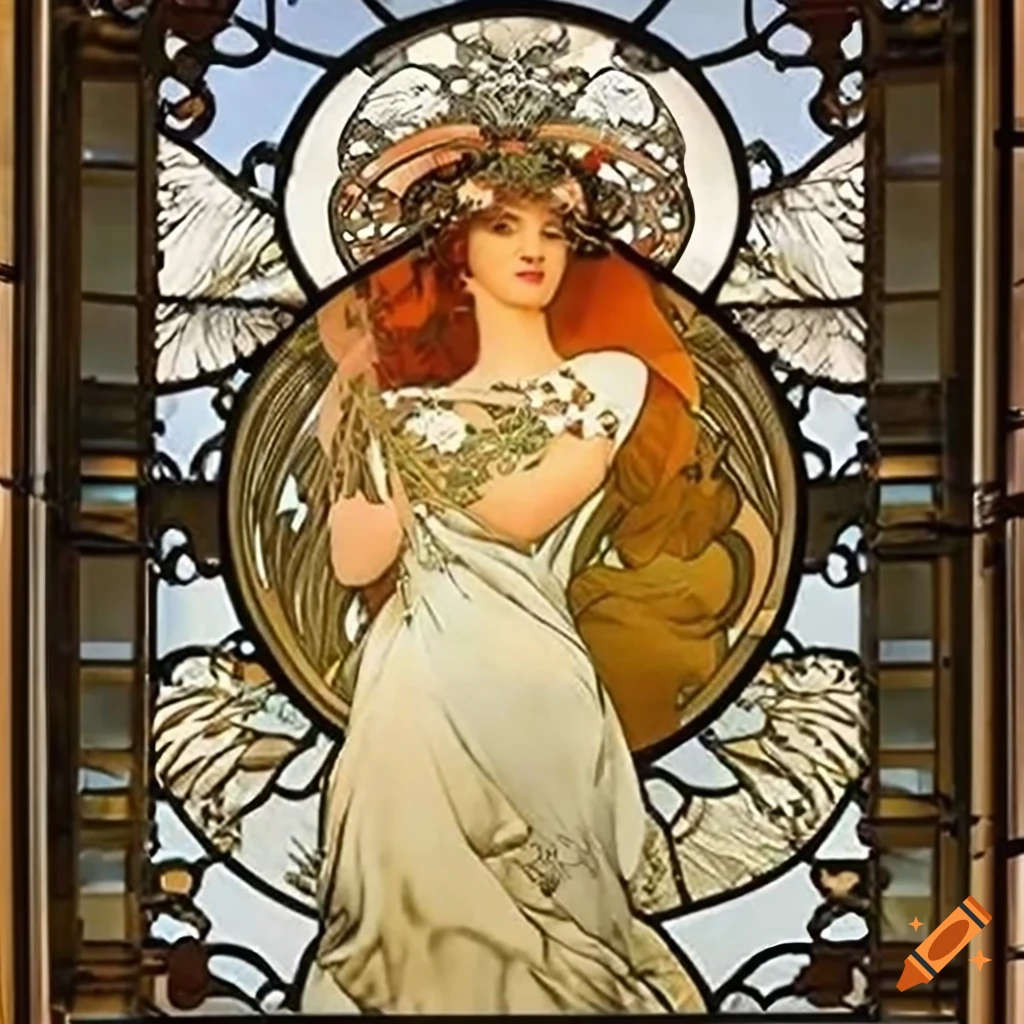 Alphonse mucha artwork of an angel with rosette wings