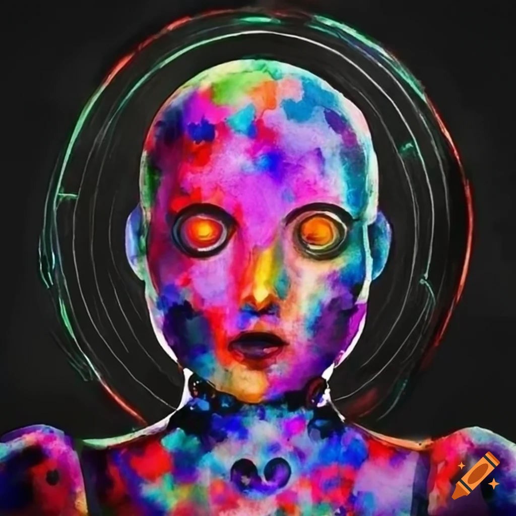 Watercolor painting of a female robot with psychedelic colors on Craiyon