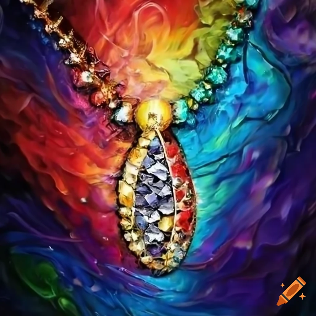 Oil painting of a cracked diamond rainbow necklace on Craiyon
