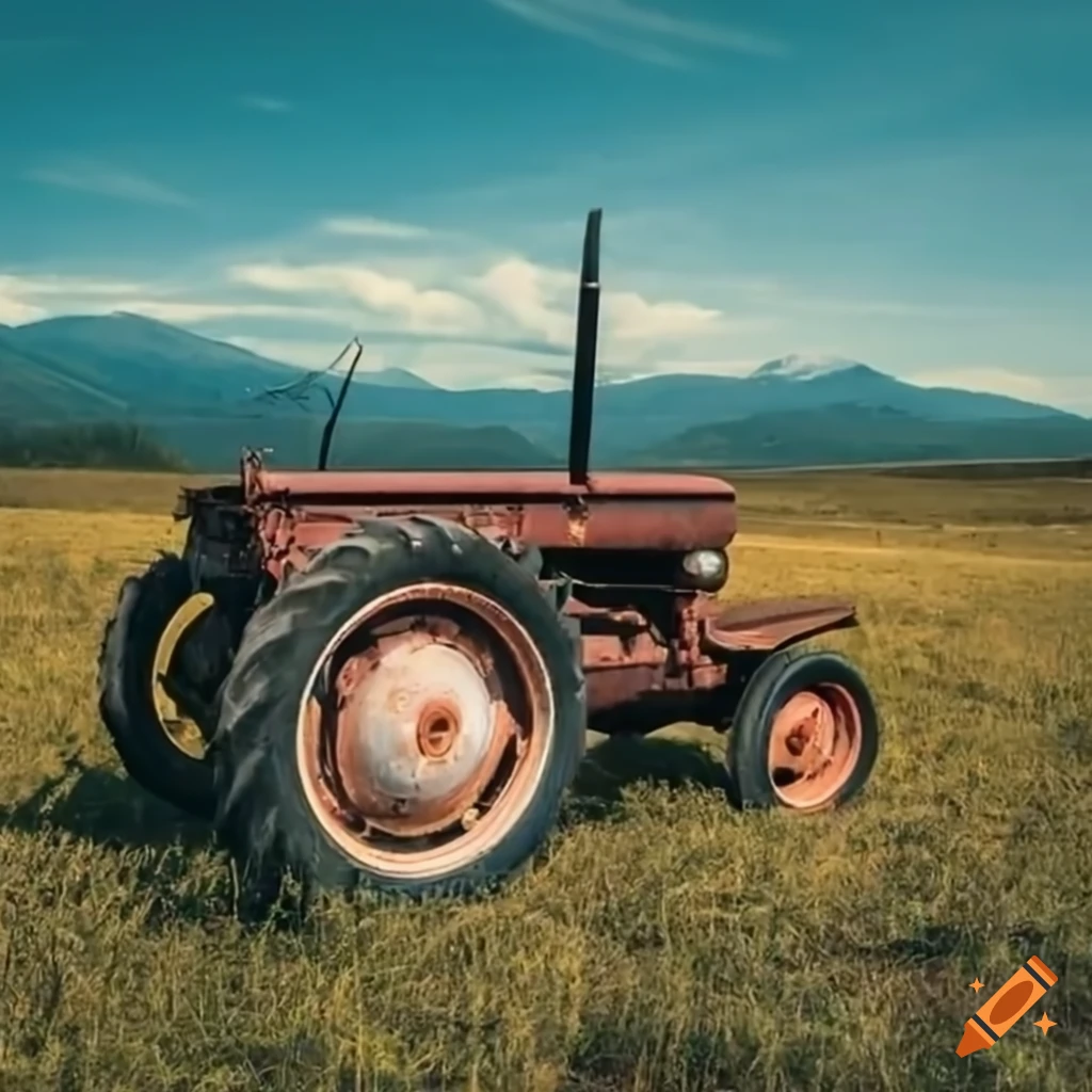 Scenic view of a vintage tractor in a field with mountains on Craiyon