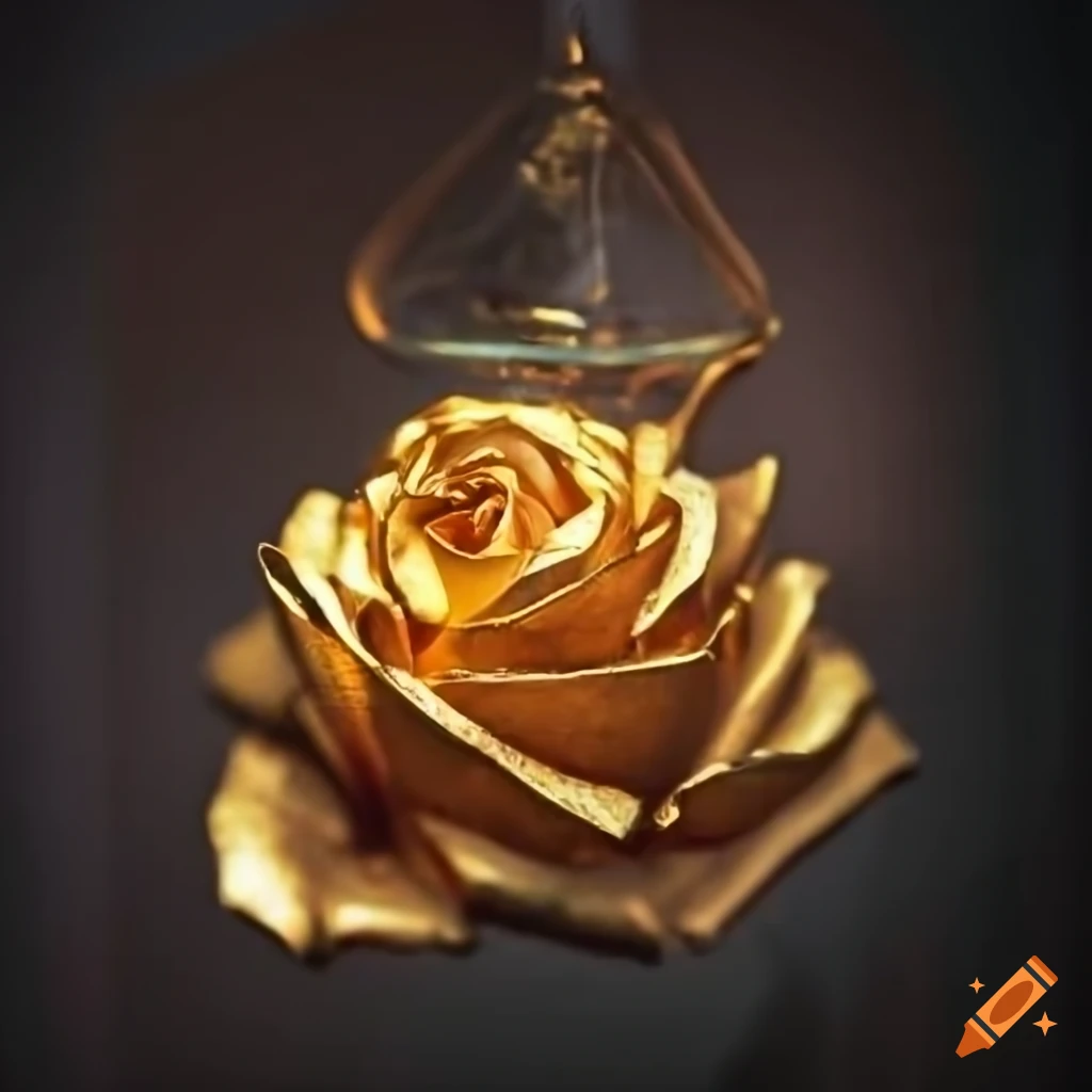 Upside down golden rose in a dark glass container on Craiyon