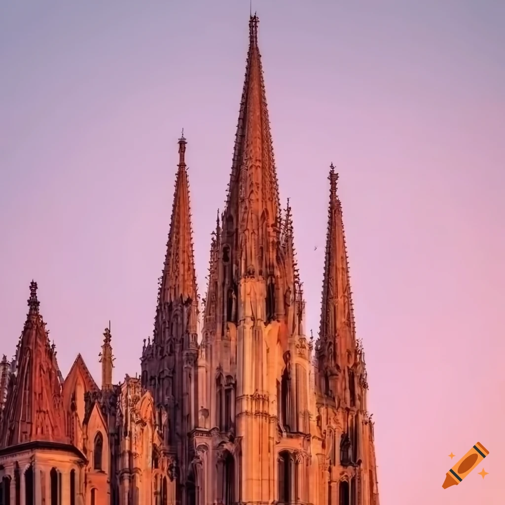 Pink sunset over a gothic cathedral in a city skyline on Craiyon