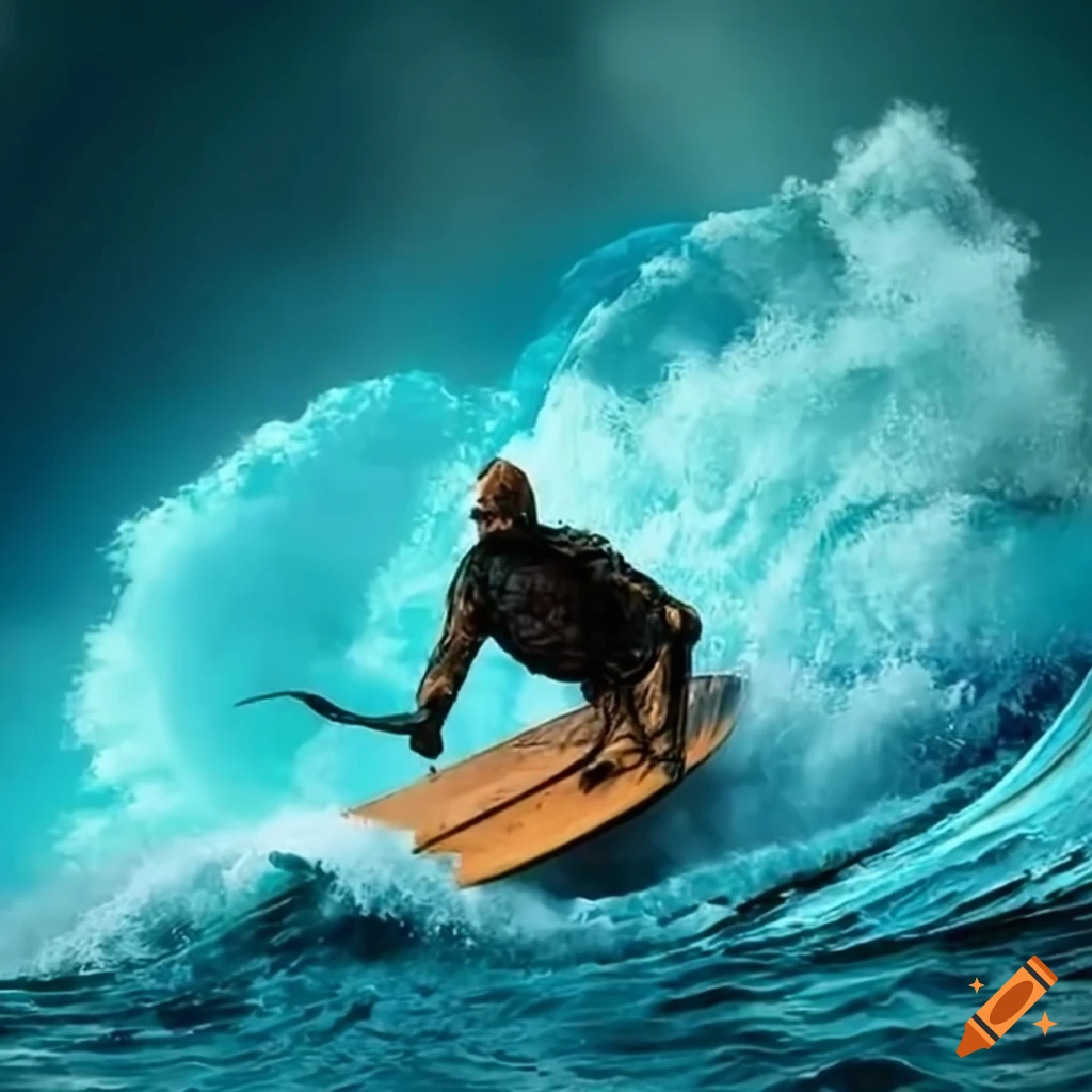 Painting of a viking surfing a massive wave on Craiyon