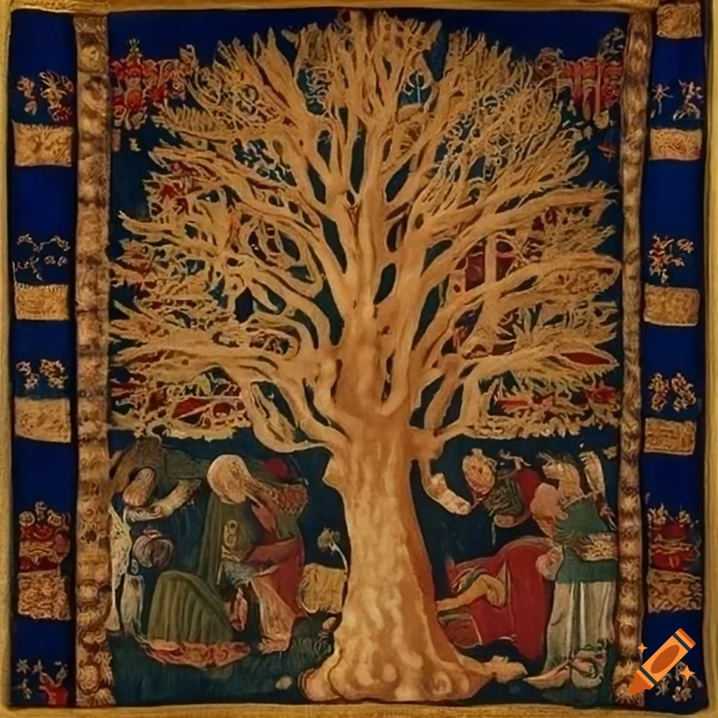 Medieval tapestry of a tree on Craiyon