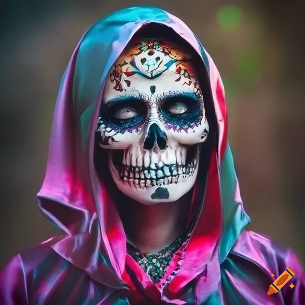 Colorful depiction of a Santa Muerte skull-lady on Craiyon