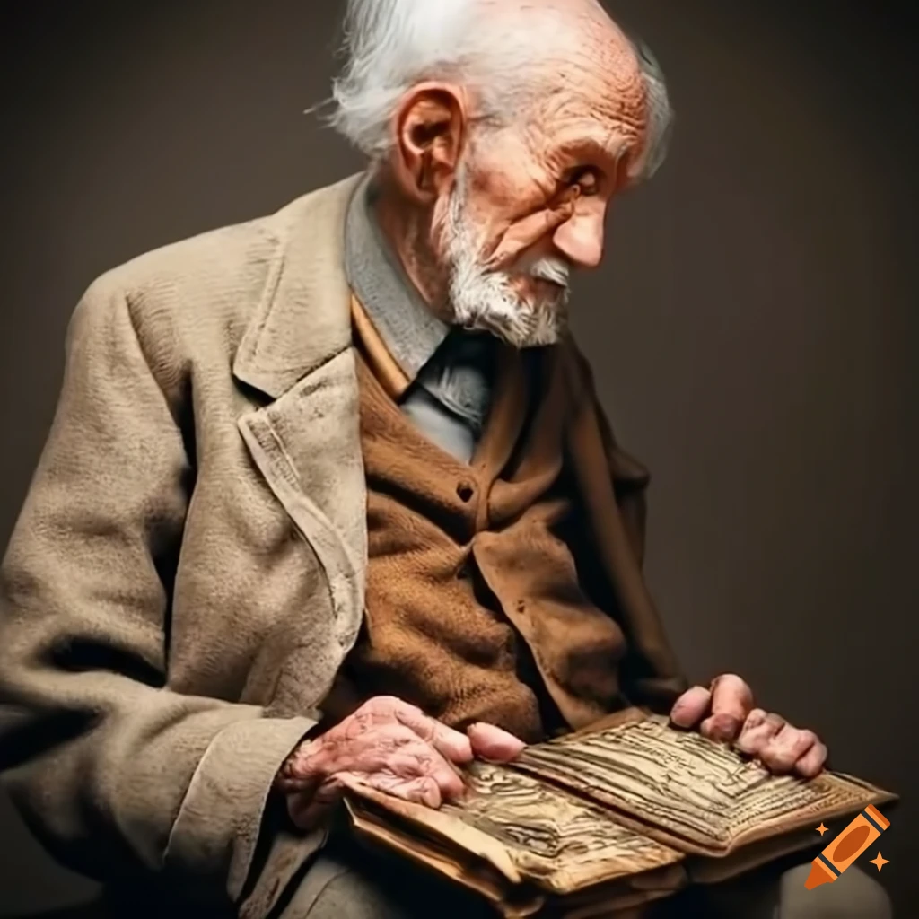 Elderly man reading an ancient book on Craiyon