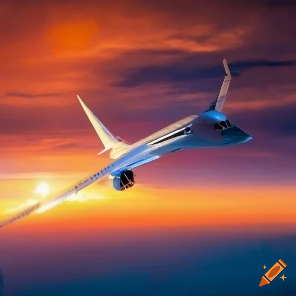 Acrylic painting of a white airliner flying under a sunset on Craiyon