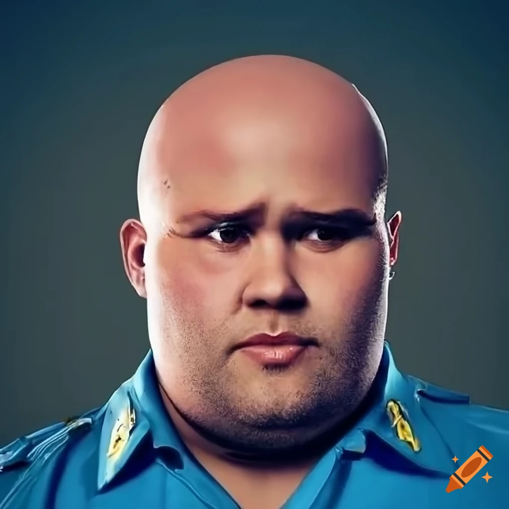 Portrait of a bald chubby man in a police uniform on Craiyon