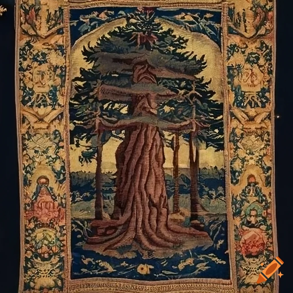 Medieval tapestry of a pine tree on Craiyon