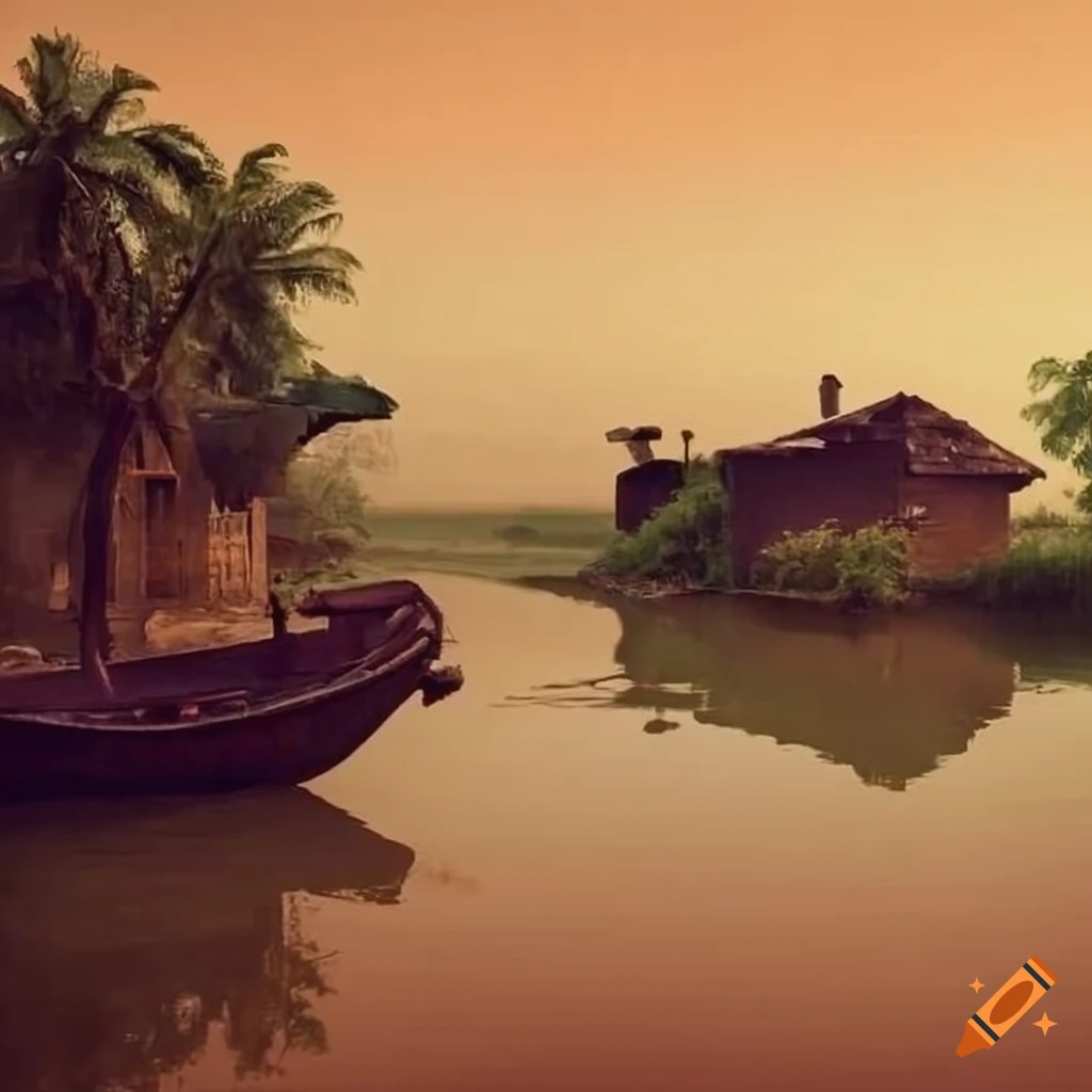 Scenic view of a riverside countryside with Indian houses on Craiyon