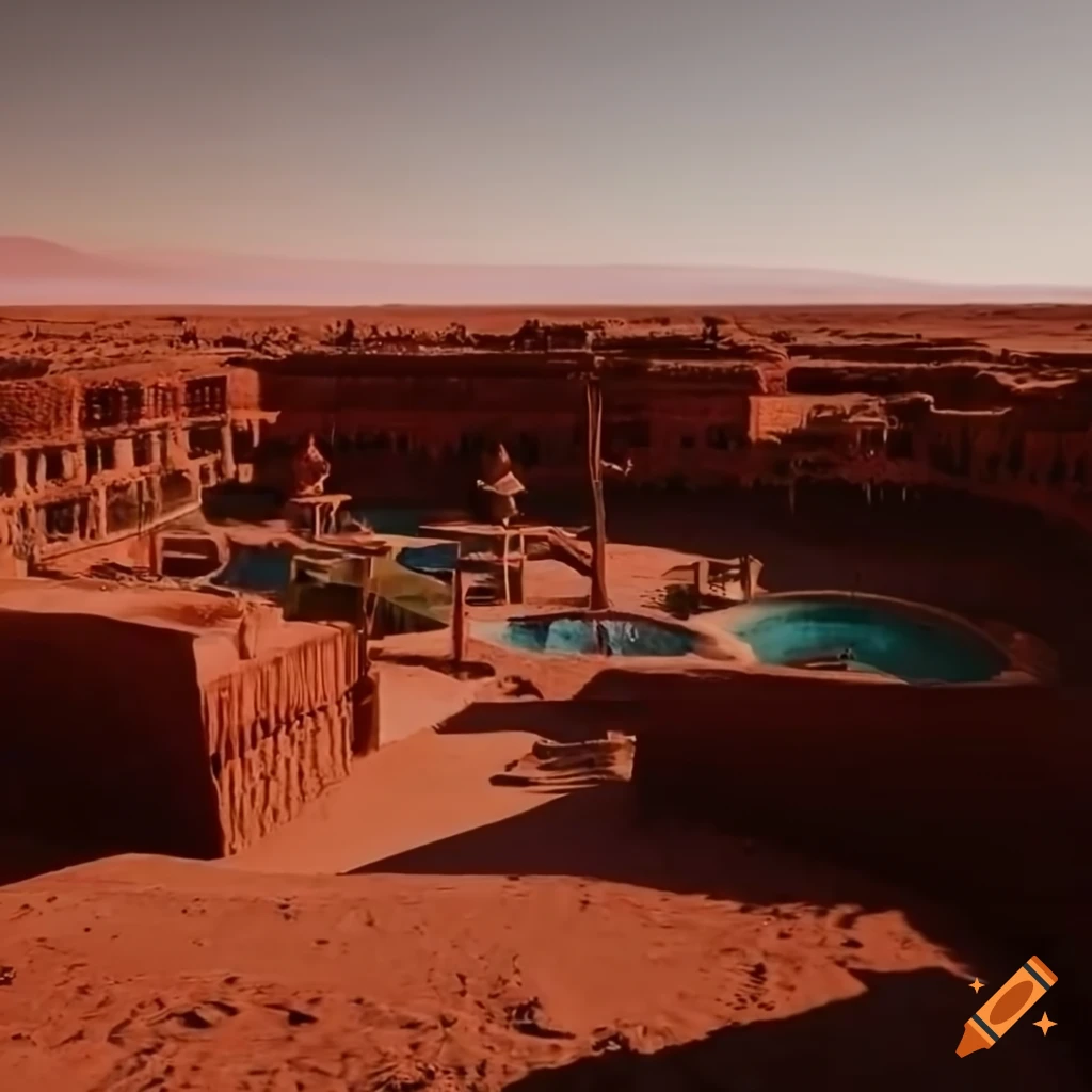 Hyper realistic image of a vintage tribal hotel in the red desert