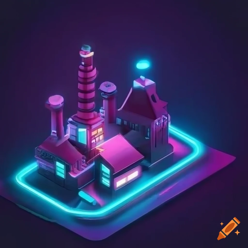 Hyper-realistic isometric view of a futuristic factory at night on Craiyon