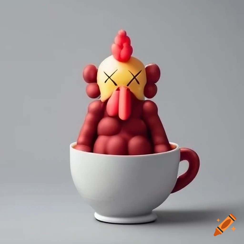 KAWS-inspired hen sculpture in a tea cup on Craiyon