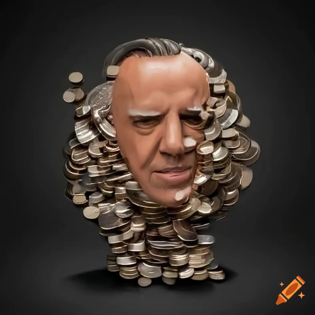 Satirical depiction of François Legault made of coins on Craiyon
