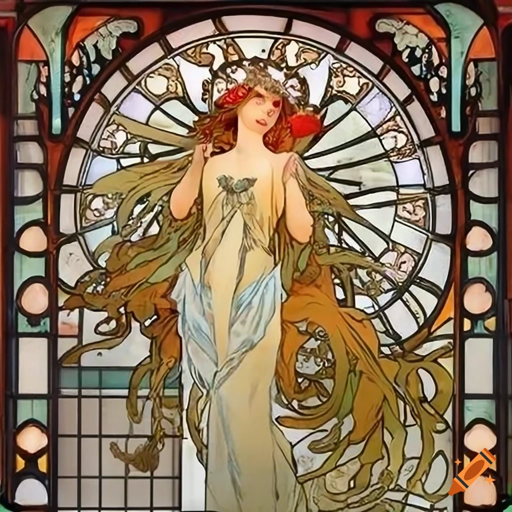 Alphonse Mucha painting of two angels with golden bird on Craiyon