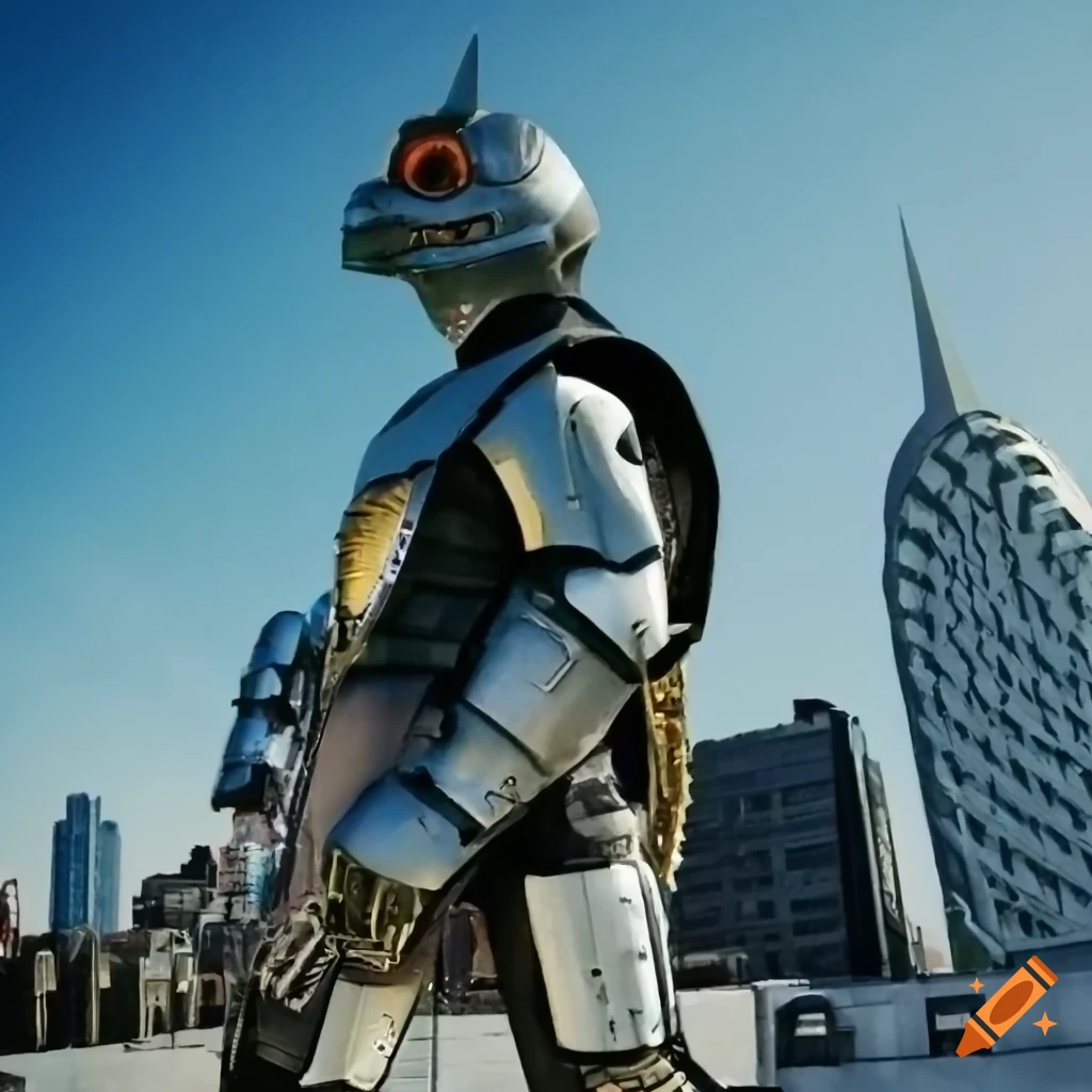 Image of a giant Franklin the turtle cyborg in futuristic armor on Craiyon