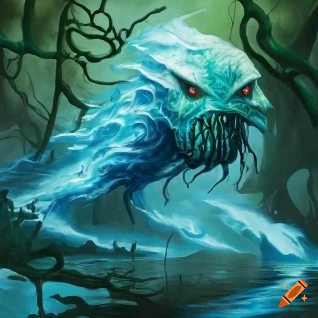 MTG fantasy art of a flying water elemental in the jungle on Craiyon