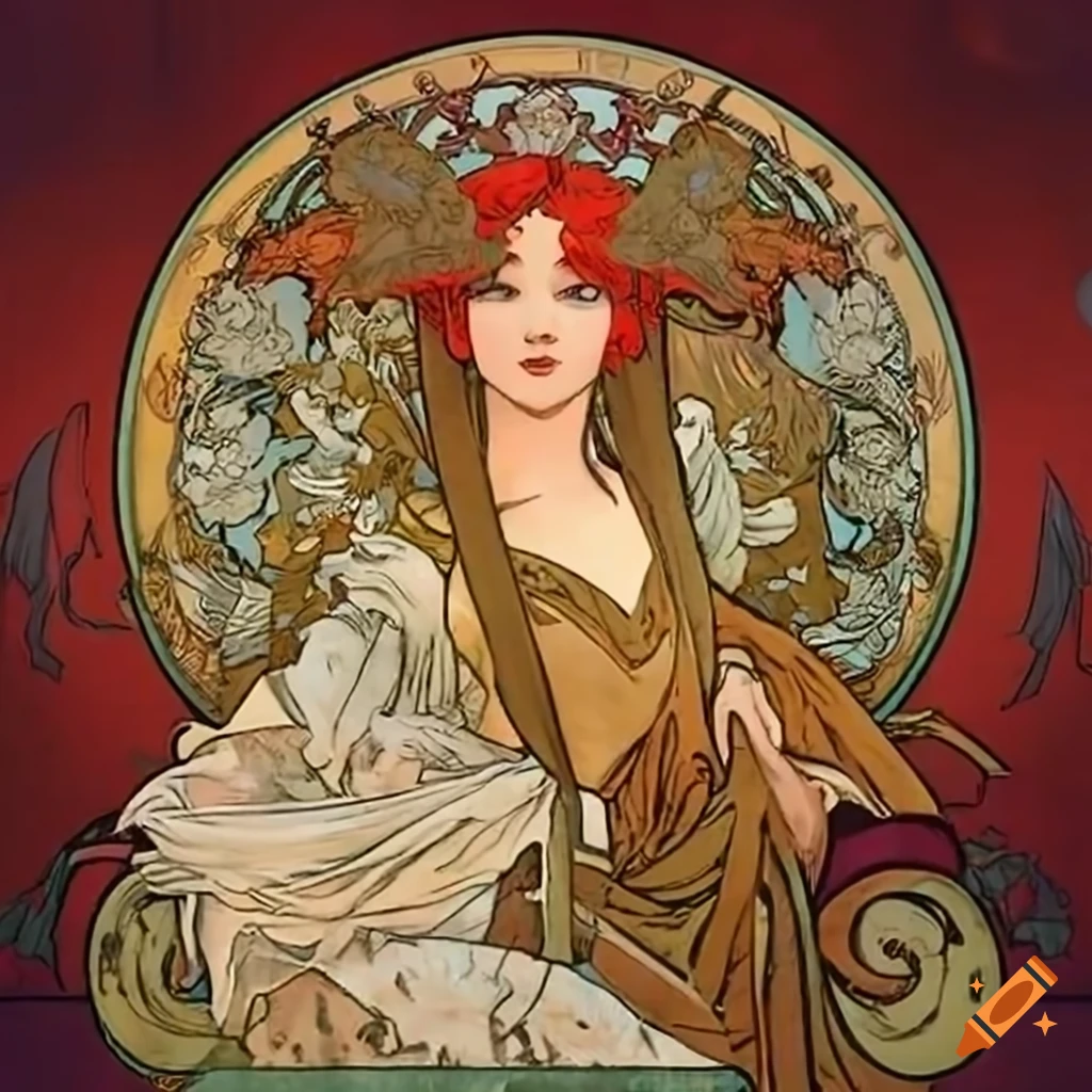 Alphonse mucha-inspired artwork of two valkyries and superheroes with ...