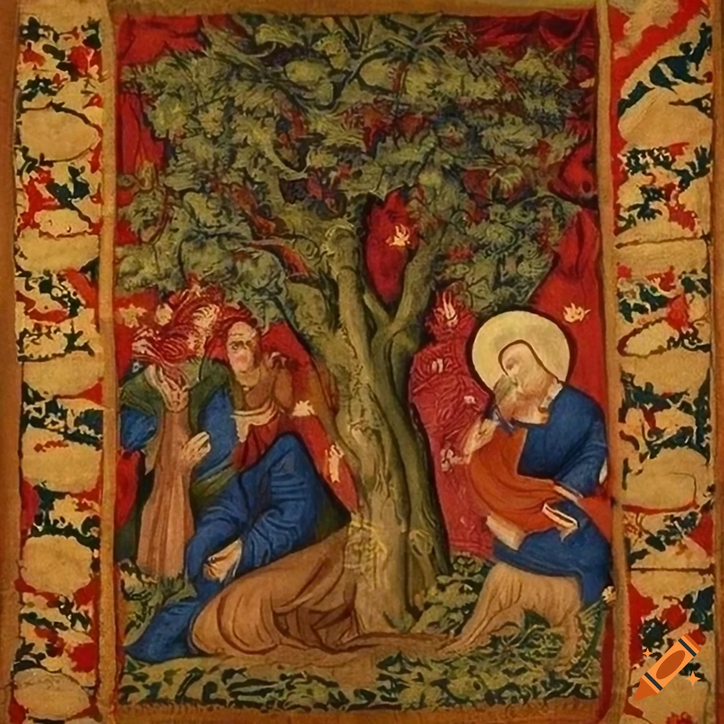 Medieval tapestry of a tree on Craiyon