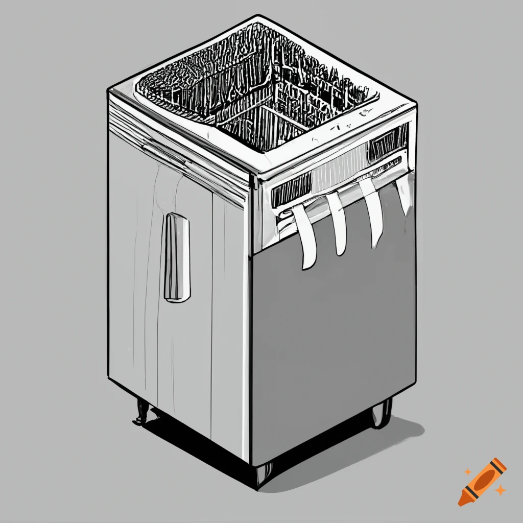 Black and white isometric line art of a dishwasher on Craiyon