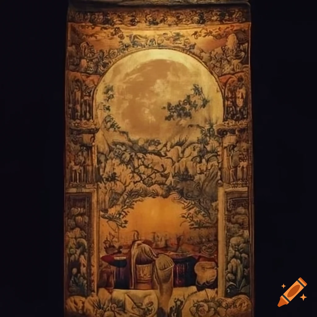 Medieval tapestry with a full moon in the night sky