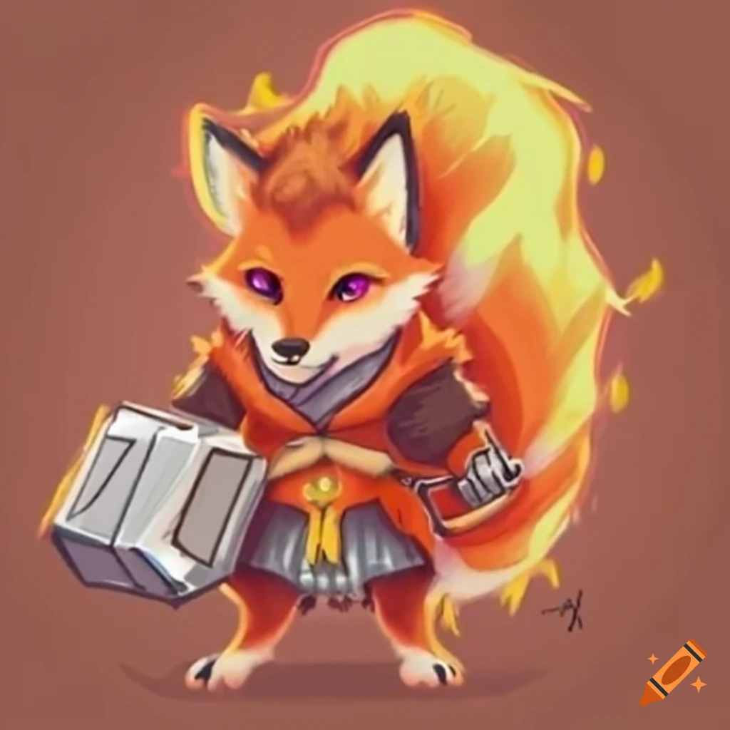 Anime fox with fiery orange fur and Thor's hammer on Craiyon