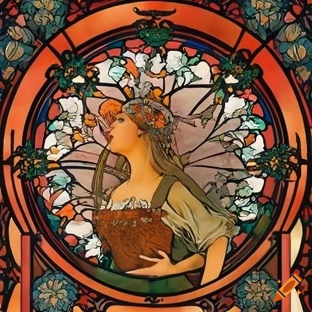 Alphonse mucha inspired full-length rosette window