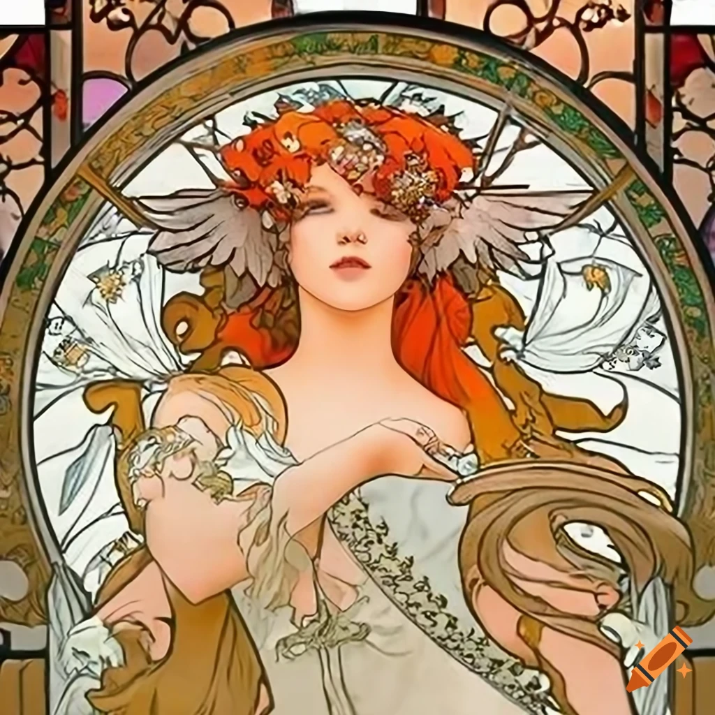 Alphonse mucha style illustration of two angels hugging on Craiyon