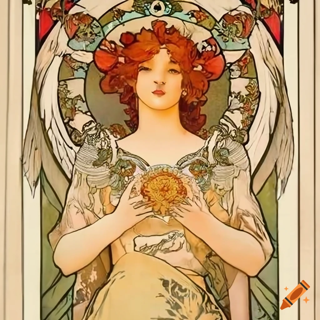 Alphonse Mucha artwork of two angels with wings holding a bird on Craiyon