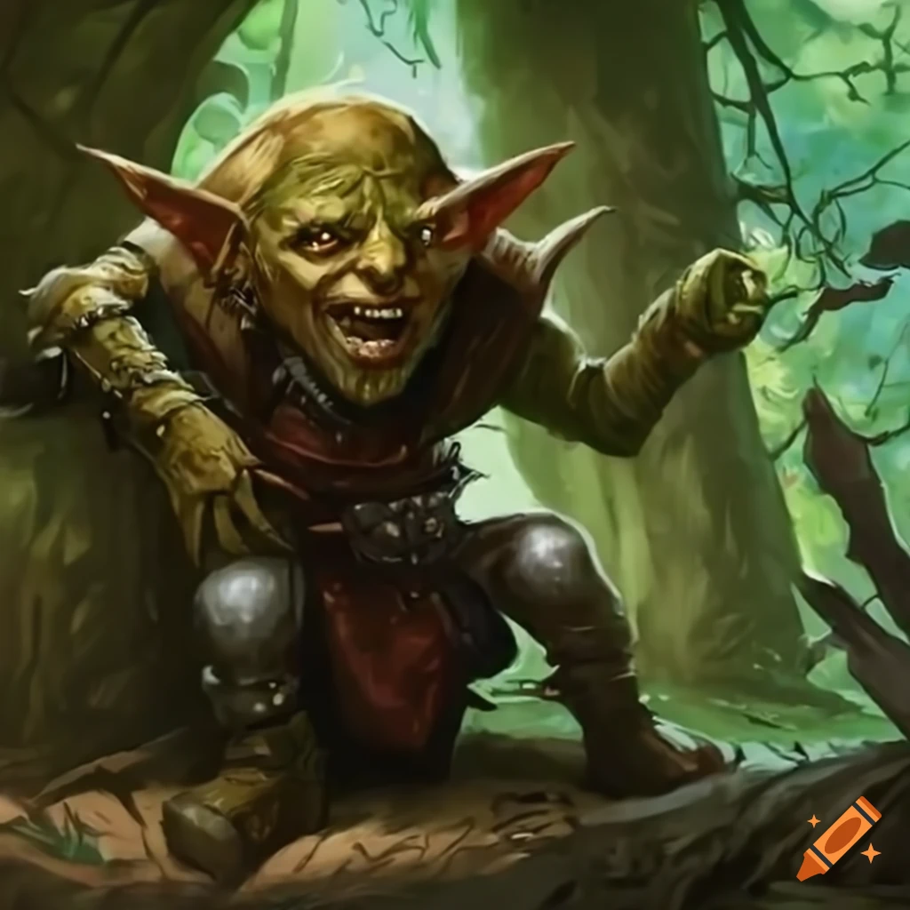 Illustration of a goblin trader scout in the woods on Craiyon