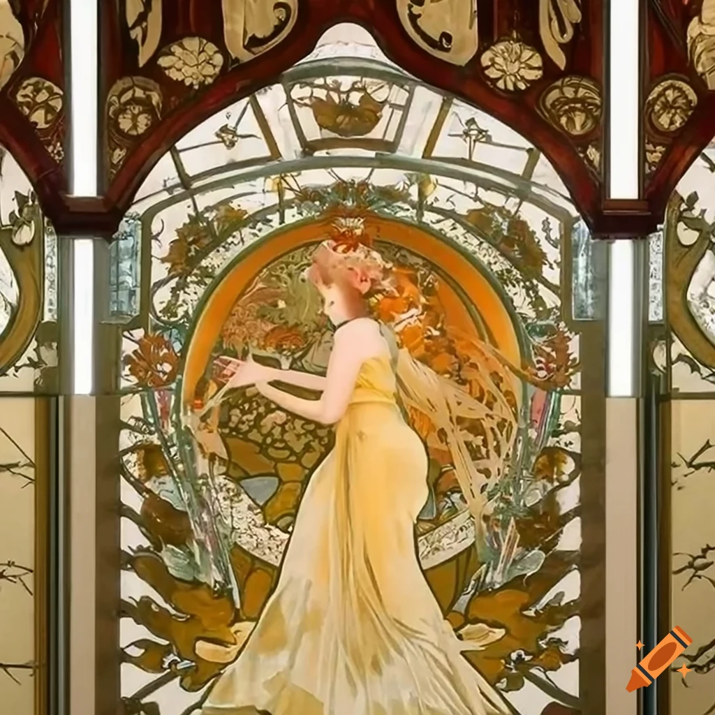 Alphonse Mucha inspired artwork of two angels with wings and a golden ...