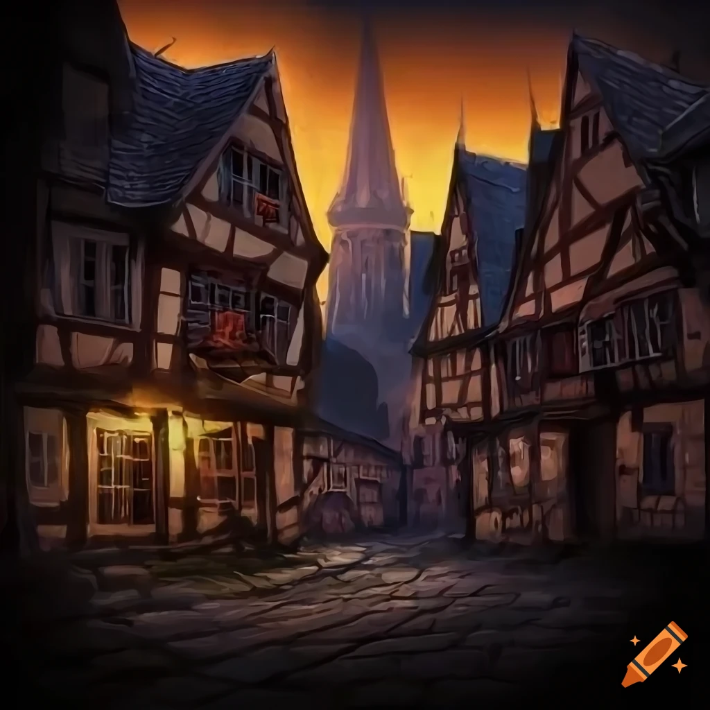 Digital painting of a dark medieval city at night on Craiyon