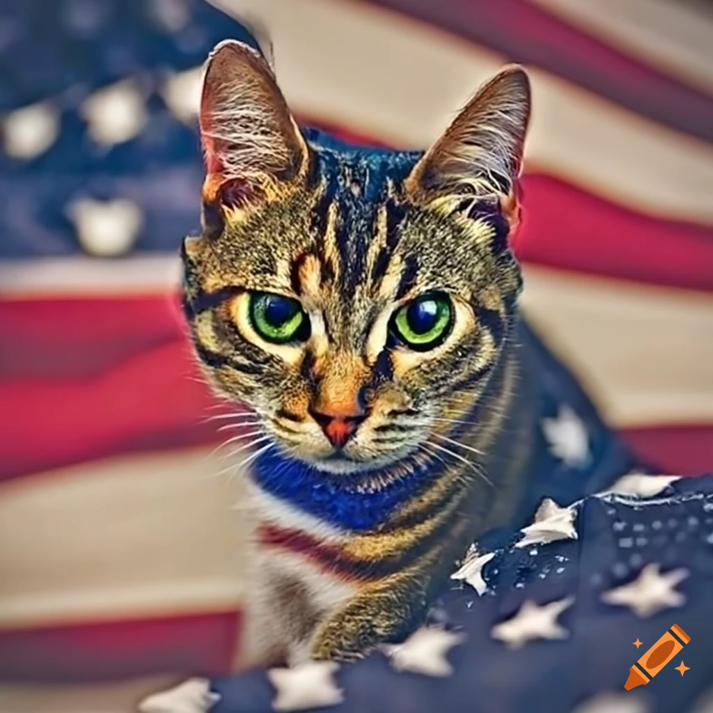 American cat draped in american flag with us capitol building on Craiyon