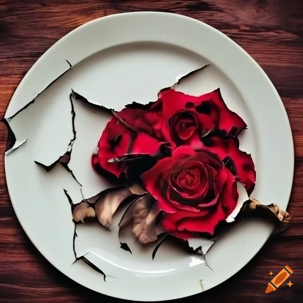Cracked white china plates with dead roses on Craiyon