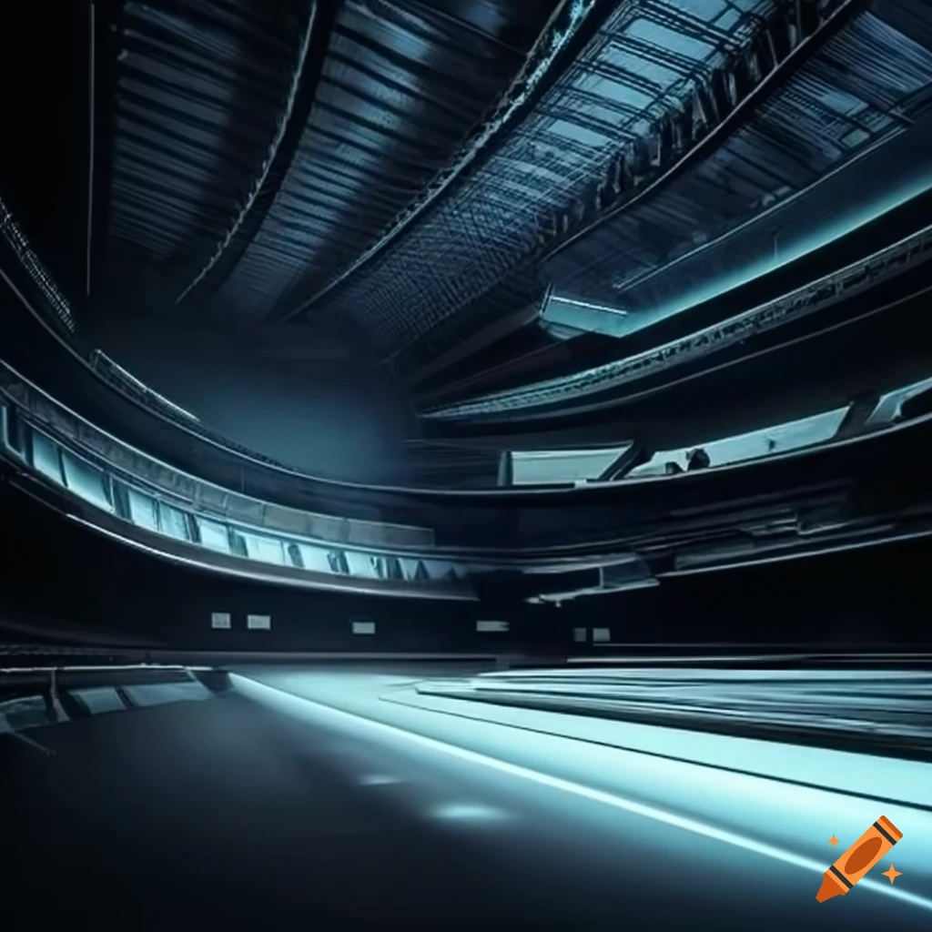 Factory scene with detailed cable containment structures on the ceiling ...