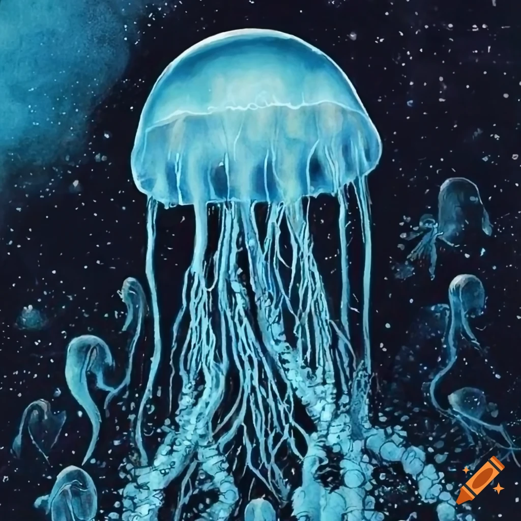 Strange jellyfish illusion monster in old drawing style on Craiyon
