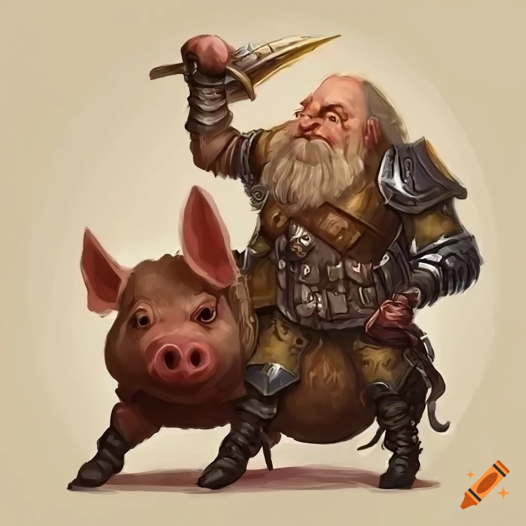 Fantasy art of a dwarf riding a pig on Craiyon